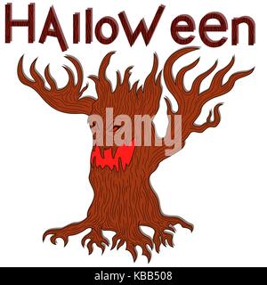Halloween angry evil twisted red tree with branches as a hands, cartoon ...