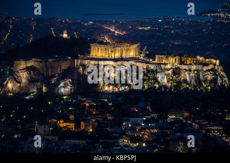 The Acropolis of Athens at night. Athens by night. Parthenon lighted ...