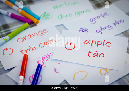 Vietnamese; Learning New Language with Fruits Name Flash Cards Stock ...