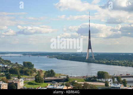 Aerial view of the river Daugava, Tv tower and historical downtown in ...