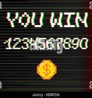 Pixel art 8-bit You Win text with winner golden cup on white background ...