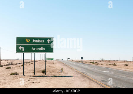 ARANDIS, NAMIBIA - JULY 3, 2017: The turn-off to the Husab Mine and ...