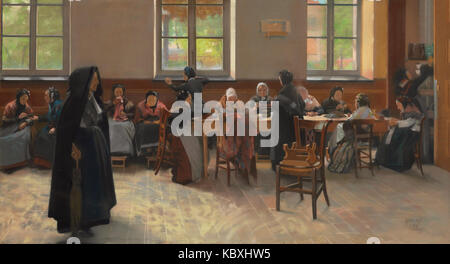 Hubert Vos's painting 'The Knitting Room' portrays a domestic scene ...