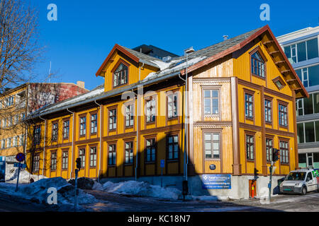 A traditional wooden building in Tromso, Norway, showcasing colourful ...