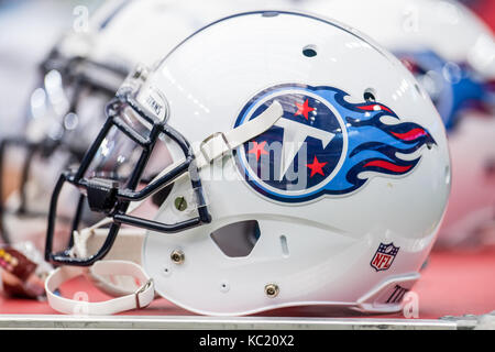 A Tennessee Titans football helmet on the field during an NFL football ...