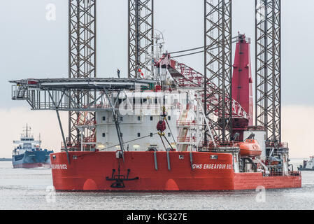 The jack-up accommodation vessel GMS Endeavour seen at the Ørsted ...