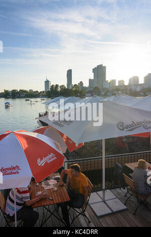 restaurant Strandcafe, river Alte Donau (Old Danube), skyline of ...