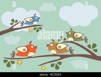 birds on branch, sunny day, paper craft illustration on blue background ...