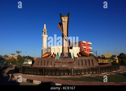 roundabout and mosque in downtown Luxor, Africa, Upper Egypt Stock ...