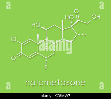Halometasone topical corticosteroid drug molecule. 3D rendering. Atoms ...