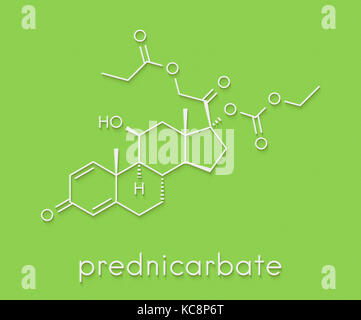 Prednicarbate topical corticosteroid drug molecule. 3D rendering. Atoms ...