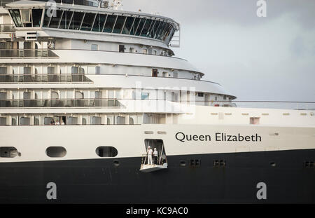 Cunard Queen Elizabeth cruise ship with wooden timber deck seating ...
