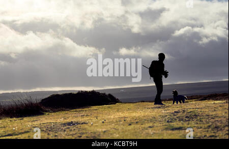 A hiker exploring the English Countryside, Muggleswick Common near ...