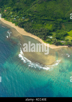 Aerial view of Haena on the northern coast of Kauai, Hawaii on a cloudy ...