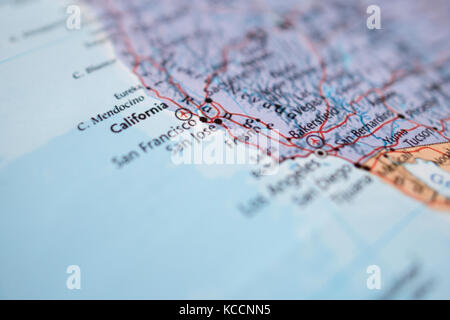 World map focus United States, blur map and selective focus on red pin ...