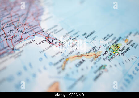 World map focus United States, blur map and selective focus on red pin ...