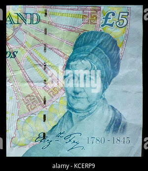 Elizabeth Fry depicted on a paper £5 banknote. This note was replaced ...