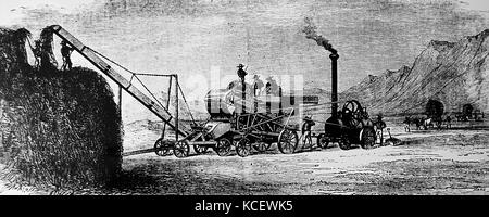 Engraving depicting a steam driven threshing machine. Dated 20th ...
