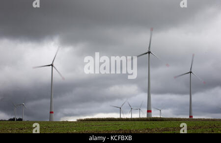 Rotors of wind turbines spinning by Paderborn, Germany, 05 October 2017 ...