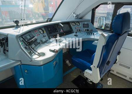 Empty train cabin of driver. Interior of control place of train Stock ...