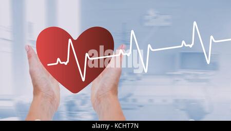 Digital composite of Heart beat over hands holding heart Stock Photo ...