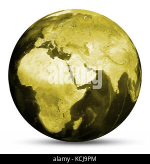 World globe, yellow earth map, floating over a white background. 3D ...