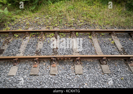 Railway track - bullhead rail, concrete sleepers. Rail held in cast ...
