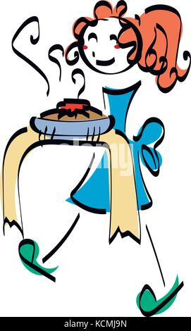 Doodle stickman illustration concept. Cooking woman with tasty food ...