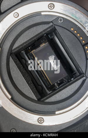Digital Camera APS-C Sensor and lens mount close-up. Camera sensor CCD ...
