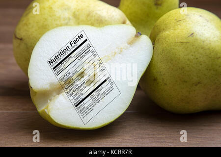 Nutrition facts of raw pears with some pears on green background Stock ...