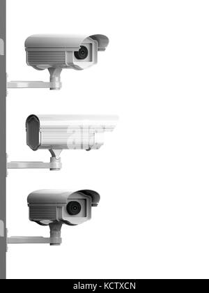Three security surveillance cameras side view isolated on black ...