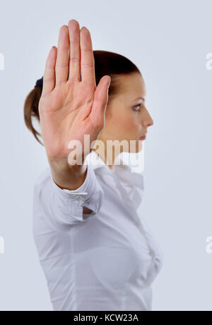 Anger woman signaling stop sign , isolated on white background Stock ...