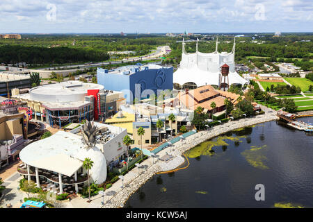 Aerial view of Disney Springs theme park hotels, Orlando, Florida, USA ...