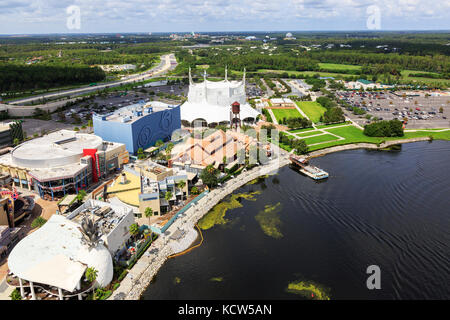 Aerial view of Disney Springs theme park hotels, Orlando, Florida, USA ...