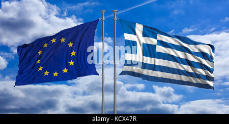 Sunny blue sky and flags of greece and oman Stock Photo - Alamy