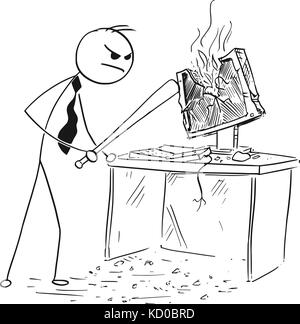 Cartoon of Angry Businessman Destroying Office Computer by Large ...