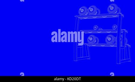 3d rendering of a blueprint gym equipments in white lines on a blue ...