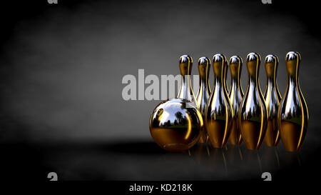 3d rendering of a golden bowling set on a dark background Stock Photo ...
