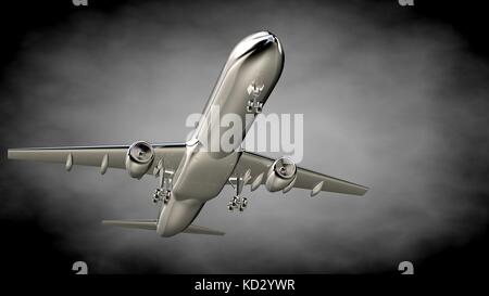 3d rendering of a metalic reflective airplane on a dark background ...