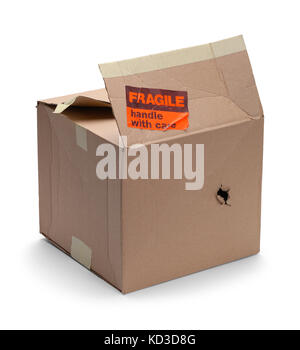Beat up damaged delivery box with fragile sticker, broken deliverd ...