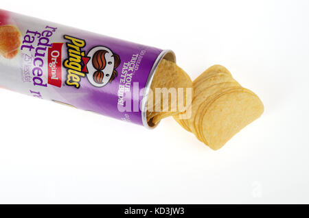 Open tin of Pringles Reduced Fat Original crisps on white background ...