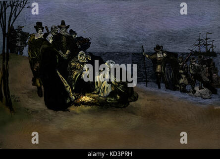 Landing of the Mayflower pilgrims at Plymouth Rock, Cape Cod ...