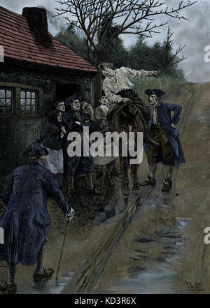 Tennessee settlers in a frontier town, 1700s. A young man rides into ...