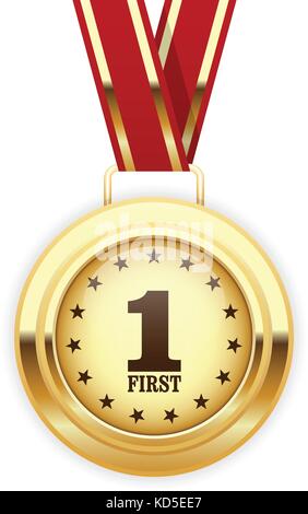 Gold first place medal on a red ribbon icon. Cartoon illustration of ...