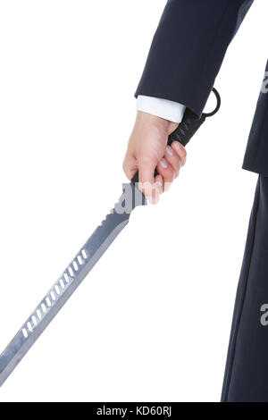 Young Businessman Standing With Sword Over White Background Stock Photo ...