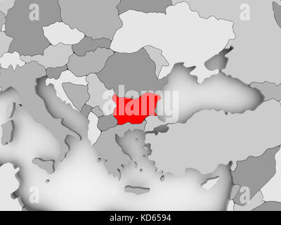 Bulgaria in red on grey political map with transparent oceans. 3D ...