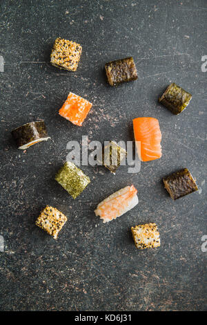 Sushi rolls japanese food top view isolated on white Stock Photo - Alamy