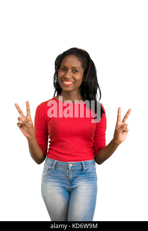 Woman making two peace signs Stock Photo - Alamy