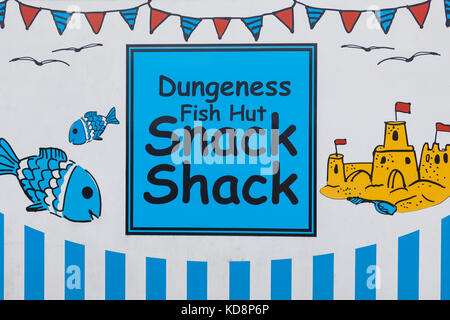 The fish hut snack shack sign, dungeness, Kent, UK Stock Photo - Alamy