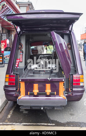 Hearse campervan with kitchen inside coffin at Whitby Goth weekend. UK ...